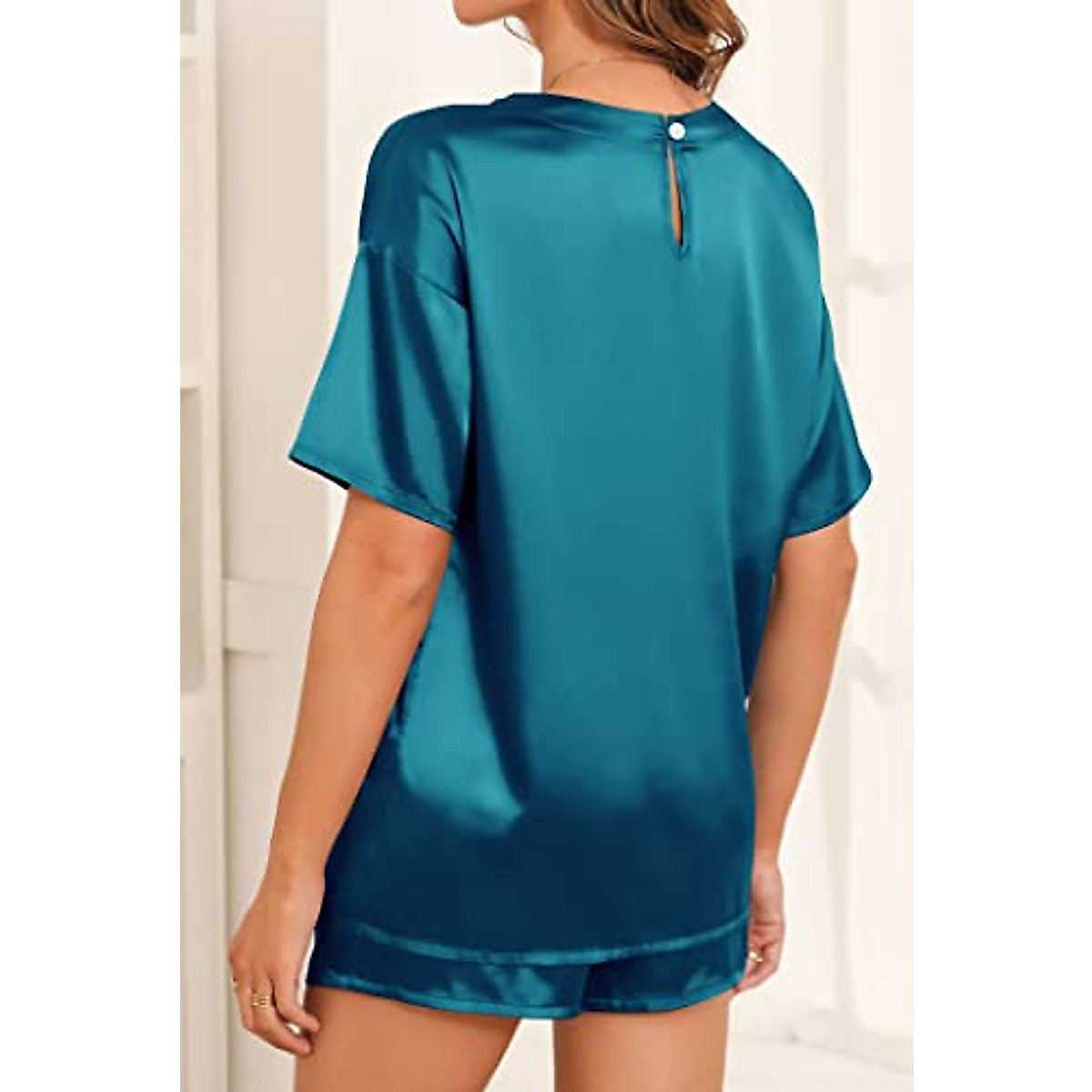 Senert Satin Pajamas for Women Short Sleeve Silk Pajama Sets Soft Sleepwear Top With Loose Causal Pj Shorts Peacock Blue,Small
