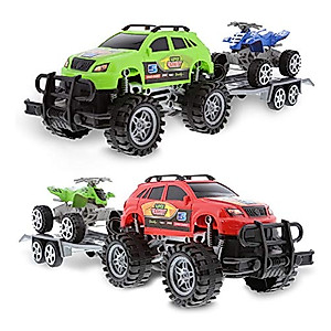 Mozlly Friction Powered Monster Trucks Car Toy SUV Towing ATV Toys Set of 2 - Monster Truck with Trailer ATV Toys for Fun Playtime Indoor or Outdoor - 2 Pack