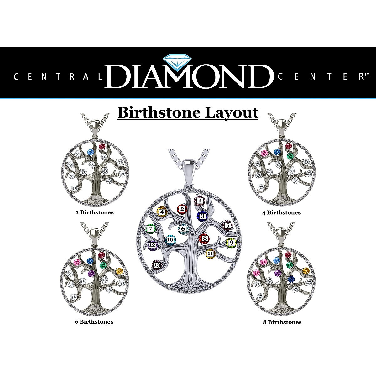 Central Diamond Center Tree of Life Mothers Necklace with 1-13 Birthstones, 1mm Box Chain - Yellow Gold Plated Silver CZ BEZEL