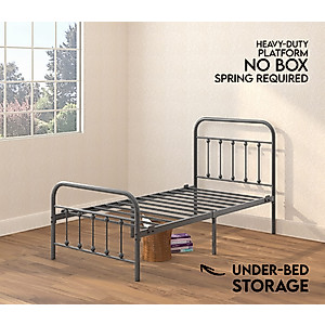 AMBEE21 CastleBeds Vintage Twin Size Silver Iron Bed Frame with Headboard Footboard Wrought Rod Art Heavy Duty Steel Metal Platform Foundation Farmhouse Industrial Victorian Style 600 lbs Capacity