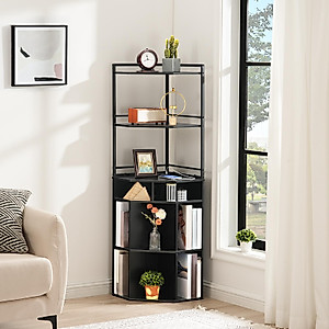 HOOBRO Corner Cabinet with USB Ports and Outlets, Corner Storage Cabinet with Charging Station, Corner Cube Bookshelf, Wooden Display Bookshelf for Small Space, Living Room, Black BK34UCJ01