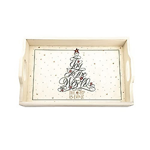 Elysian Gift Shop Joy to The World Christmas Serving Tray- Rustic Farmhouse Modern slatted Wood Look with Handles and Christmas Tree Christmas Decorative Large Platter, Ivory, 18x12