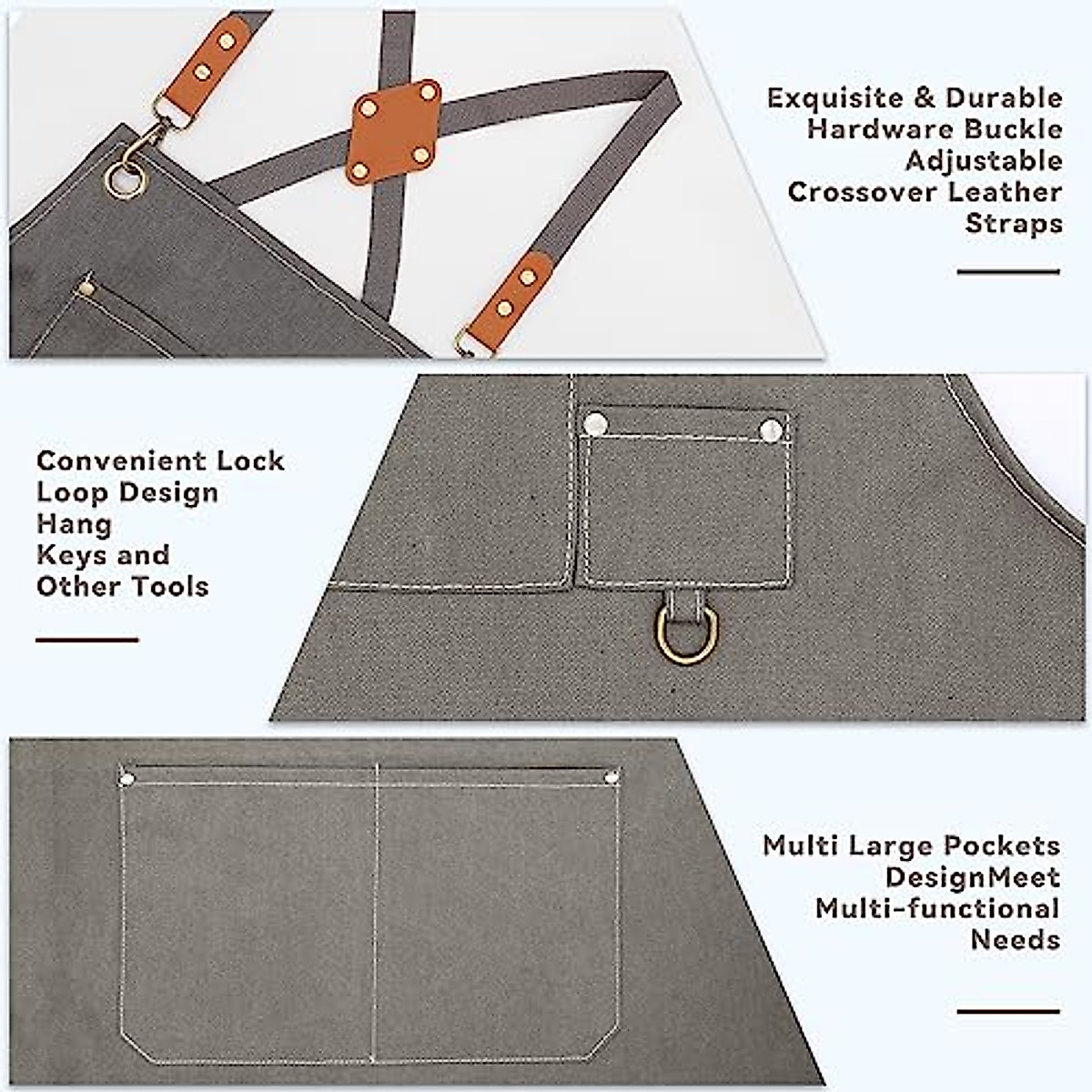 Bluegogo Chef Aprons for Men Women, Cotton Canvas Cross Back Adjustable Apron with Large Pockets for Kitchen Garden Salon (Grey)