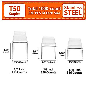 SITLDY Heavy Duty T50 Stainless Steel Staples 1000-Count 3 Sizes for Staple Gun, Includes: 5/16", 3/8", 1/2" Assortment, Combo kit (1000)