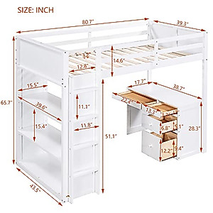 Harper & Bright Designs Twin Loft Bed with Desk and Bookshelf, Solid Wood Loft Bed Frame with Storage Drawers, 14.6" Height Full Length guardrail, for Kids Teens Adults (Twin Size, White)