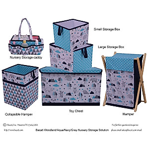 Bacati – Small Storage Tote Woodlands Animals Aqua/Navy/Grey 10X 10 X 10 inches