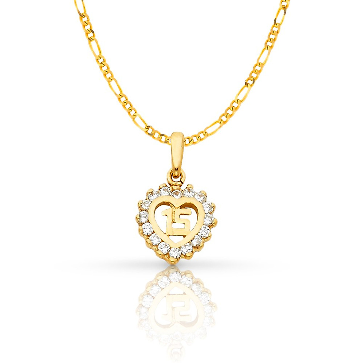 Ioka 14K Yellow Gold Sweet 15 Years Quinceanera Heart Cubic Zirconia CZ Charm Pendant with 1.2mm Figaro 3+1 Chain Necklace - 20"