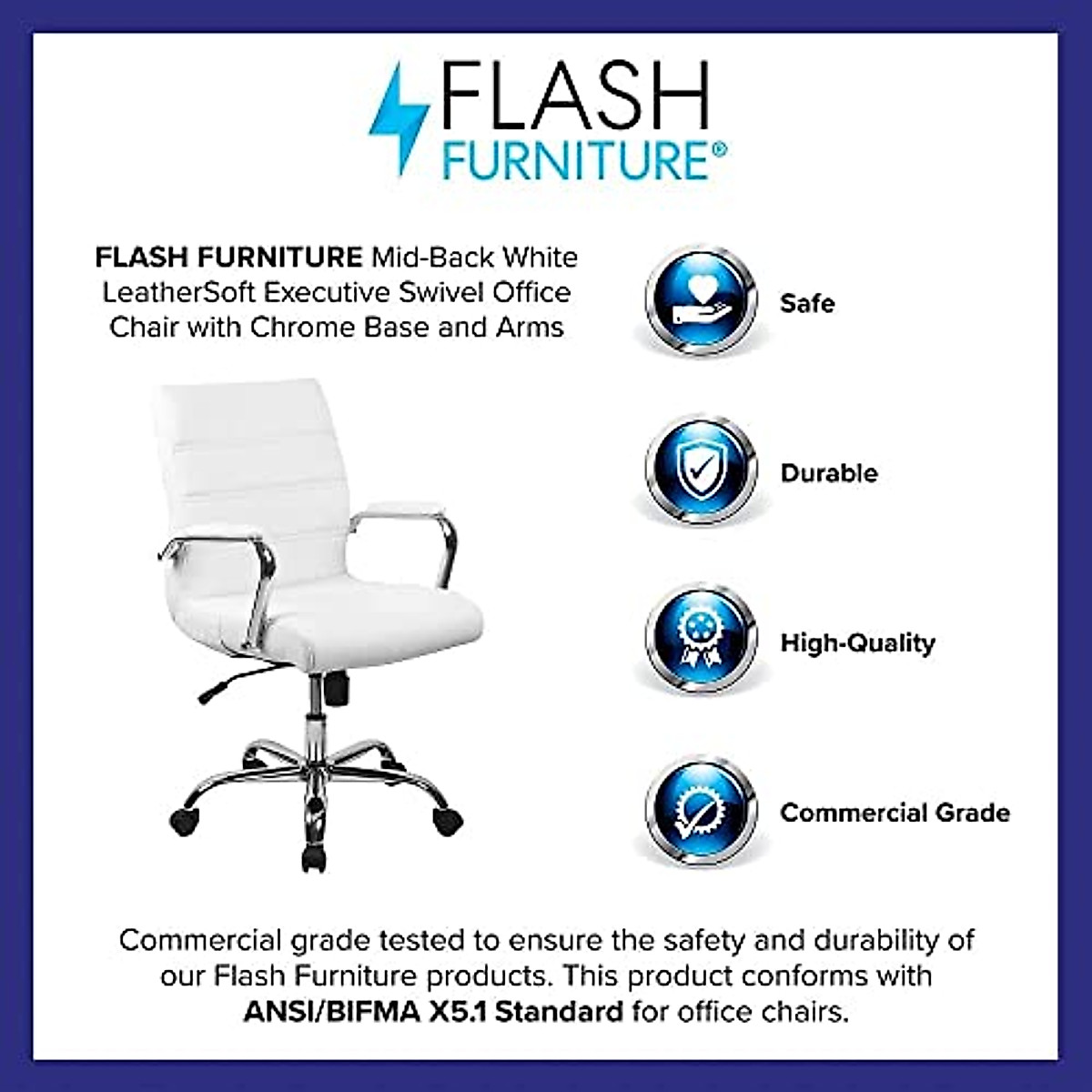 Flash Furniture Whitney Mid-Back Desk Chair - White LeatherSoft Executive Swivel Office Chair with Chrome Frame - Swivel Arm Chair