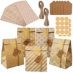 dervea Party Favor 30-Pack Gift Bags, Small Brown Paper Tags Stickers Jute String Set, Cute Kraft Cookie Candy Goodie bag for Birthday Baby Shower Christmas Party Thank You Gifts Bag