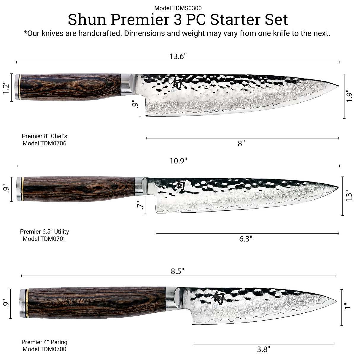 Shun Premier Kitchen Knife Starter, 3-Piece Set, TDMS0300, Silver