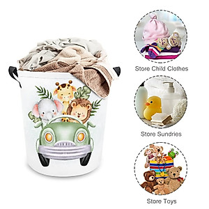 TsyTma Cute Safari Animals Baby Laundry Basket Lion Elephant Giraffe Basket Jungle Nursery Decor Collapsible Laundry Hamper with Handles Small Round Toy Bin baby hamper for nursery Bedroom,Bathroom