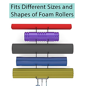 Wallniture Guru Foam Roller & Yoga Mat Holder Wall Mount with 3 Hooks for Hanging Yoga Strap, Resistance Bands, 5-Sectional Metal (Black)