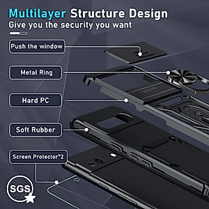 Janmitta Google Pixel 7a Case Built in Slide Camera Lens Cover+Screen Protector [2 Pcs]+Finger Ring Holder Kickstand,Heavy Duty Shockproof Full Body Protective Cover,2023 Black