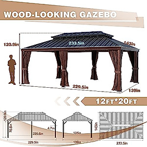 MUPATER 12' x 20' Gazebo, Wooden Finish Coated Aluminum Frame, with Double Galvanized Steel Hardtop Roof, Netting and Curtains for Garden, Patio Lawn and Parties