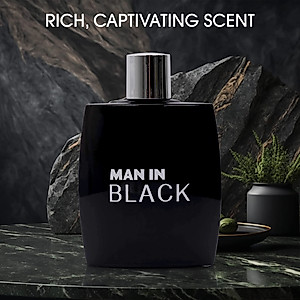 NovoGlow Man in Black for Men - Luxurious Aroma in Each 3.4 fl Oz Black Glass Bottle - Top Notes of Bergamot and Pineapple Formulated with Essential Oils - Fantastic Gift Choice - Grey Suede Pouch