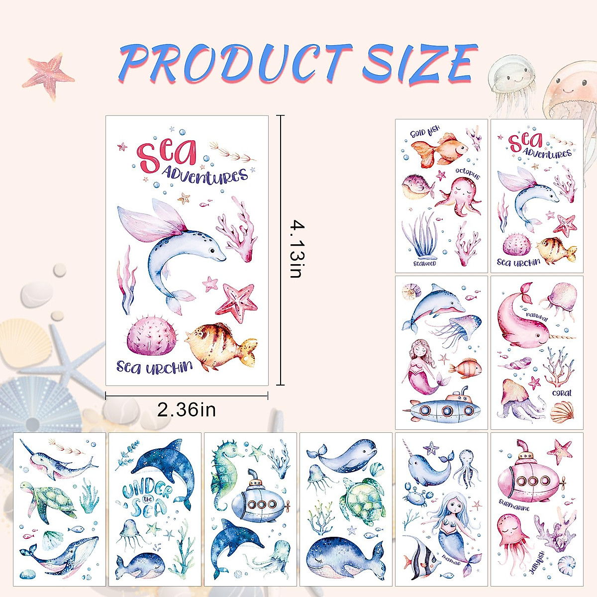 60 Pieces Under The Sea Mermaid Party Decorations Temporary Tattoos for Kids, Ocean Beach Pool Birthday Party Supplies Favors, Mermaid Shark Dolphin Octopus Fish Fake Tattoo Stickers for Boys and Girls