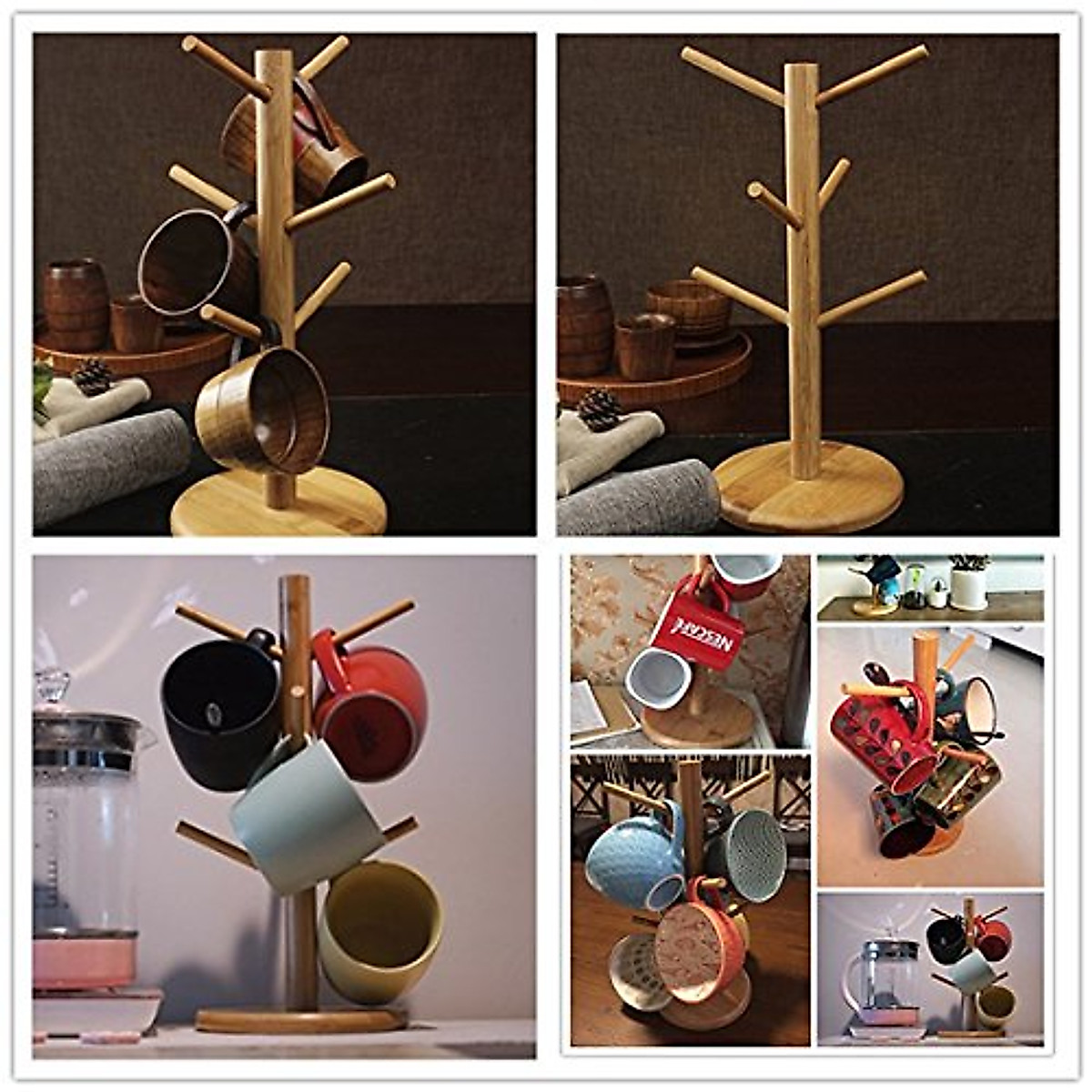 Bamboo Wooden Mug Rack Tree Coffee Tea Cup Organizer Hanger Holder with 6 Hooks Removable Bamboo Mug Stand by AHYUAN