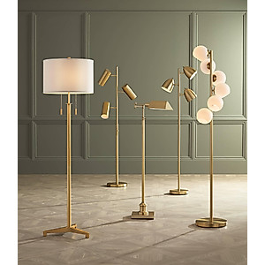 Possini Euro Design Encino Modern Glam Luxe Floor Lamp Standing 60" Tall Antique Brass Gold Metal Tripod Base Off-White Fabric Drum Shade Decor for Living Room Reading House Family Bedroom Home