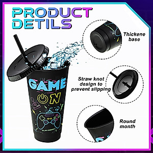 Uiifan 16 Pcs Video Game Party Plastic Cups with Lids and Straws 24 oz Iced Coffee Drinking Resuable Plastic Cups for Video Game Birthday Party Favor(Black)