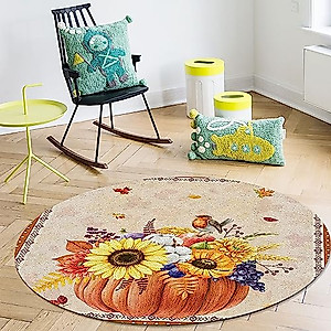 Boho Pumpkin Round Area Rug 3ft,Washable Outdoor Indoor Carpet Runner Rug for Bedroom,Kitchen,Bathroom,Living Room,Office,Area+Rug Small Bath Door Desk Floor Mat Thanksgiving Fall Southwest Sunflower