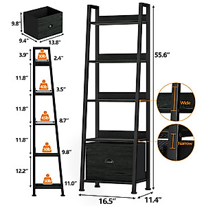 Furologee 5-Tier Ladder Shelf, Narrow Ladder Bookshelf with Drawer, 55.6”Tall Industrial Bookcase Storage Rack Organizer, Freestanding Storage Shelve for Living Room, Home Office, Bedroom, Black Oak
