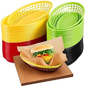 Barydat 100 Pack Fast Food Baskets and 200 Pack Kraft Deli Papers for Serving Plastic Oval Reusable Restaurant Baskets for Hot Dog Sandwiches Burger Deli Serving Dishwasher Safe, 4 Assorted Colors