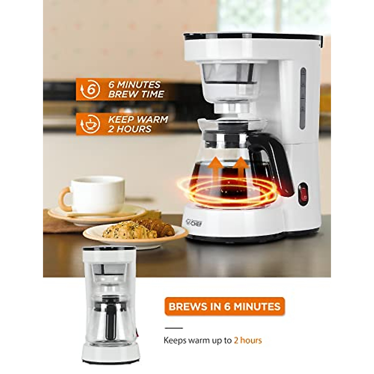 Commercial Chef Coffee Maker, Drip Coffee Maker with Pour Over Filter, 5 Cup Coffee Maker with 0.75L Water Tank, Brews in 6 Minutes