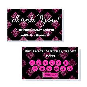 Jewelry Loyalty Cards | 50 Pk of Cards| Thank You Notes Black and Pink Fleur | 5 Bling Buy 12 Get One Piece of Jewelry Free