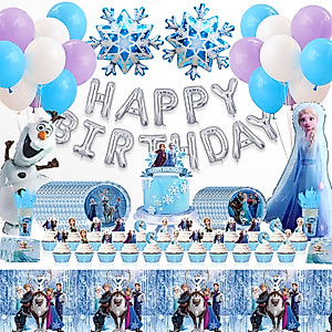 Frozen Party Decorations, Frozen Birthday Party Supplies, Winter Princess Party Decorations Includes Snowflake Balloons, Frozen Plates, Birthday Banner Balloons, Snowflake Birthday Decoration for Girls