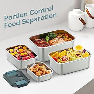 JXXM 4 Stainless Steel Food Storage Container Set With Lids - Easy Clean, Smell-Proof, Airtight & Leakproof Containers - 4Sizes (13oz/33oz/63oz/100oz) - 304 Stainless Steel(Blue lid)