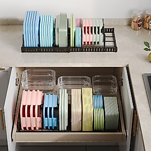 Expandable Food Container Lid Organizer,Large Capacity Adjustable 10 Dividers Detachable Lid Organizer Rack for Cabinets, Cupboards, Pantry Shelves, Drawers to Keep Kitchen Tidy,Black(Patent Pending)