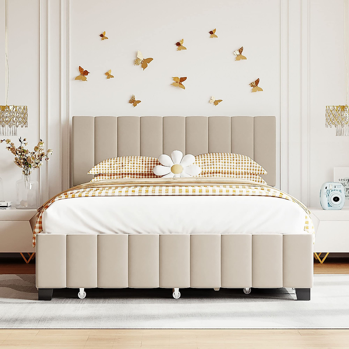 GINGVAT Platform Beds Queen Size, Velvet Upholstered Platform Bed with 2 Drawers and Trundle, Modern Style, Beige