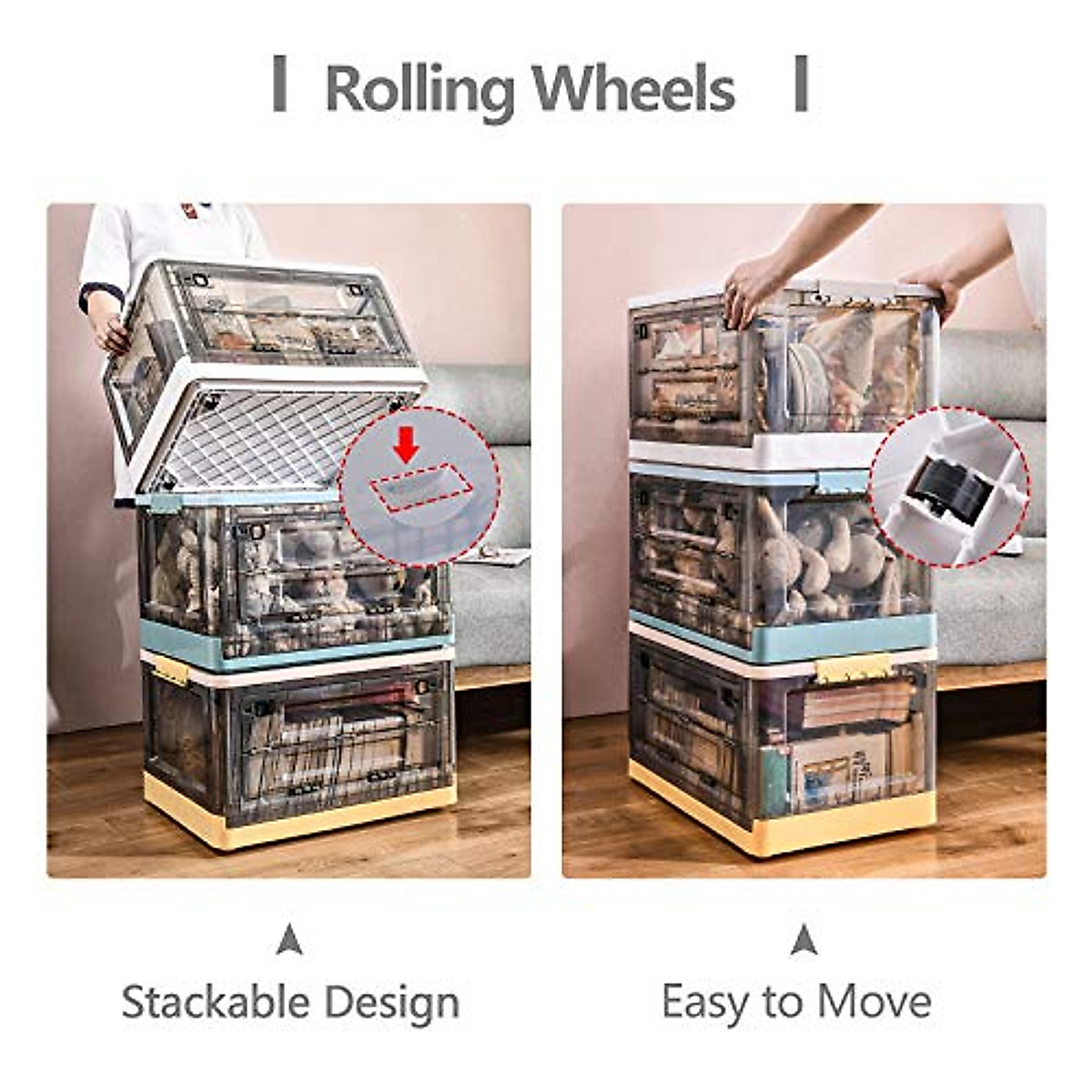 Lucky Monet Clear Storage Bins with Lids 55 Quart, Large Stackable Storage Bins Plastic Organizer Bins Boxes with Wheels & Dual Open, Collapsible Storage Containers for Closet Home Kitchen Car Trunk