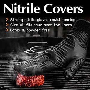 Charbasil Grilling Glove Pack – 30 Nitrile Gloves – 2 Cotton Liners – Disposable Black BBQ Gift – Washable Heat-Resistant Liner – Holiday Birthday Present – Charcoal Wood Gas Cooking Smoking Meat