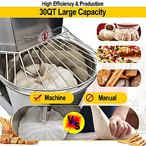 TECHTONGDA 30L Commercial Dough Mixer Electric Flour Mixer Dual Rotating Double Speed Dough Kneading Machine Stainless Steel Stand Mixer Pizza & Bread Dough Mixing Machine for Restaurant Pizzeria