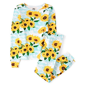 The Children's Place Girls' Long Sleeve Top and Pants Snug Fit 100% Cotton 2 Piece Pajama Set, Sunflowers