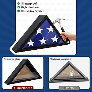 ASmileIndeep Flag Display Case for 3' x 5' Flag, American Flag Shadow Box with HD Tempered Glass and Wall Mount, Folded Triangle Flag Holder Frame for Small Flag (Not for Burial Flag) - Black Walnut