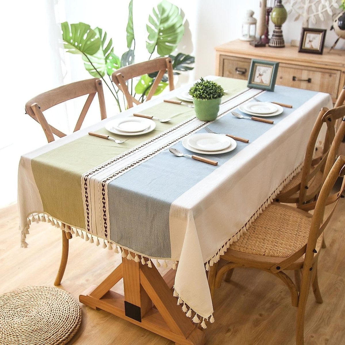 ENOVA HOME Elegant Rectangular Thicken Cotton and Linen Tablecloth with Tassels Dust Proof Table Cover for Kitchen Dinning Tabletop Decoration (Light Grey, 54"x 78")