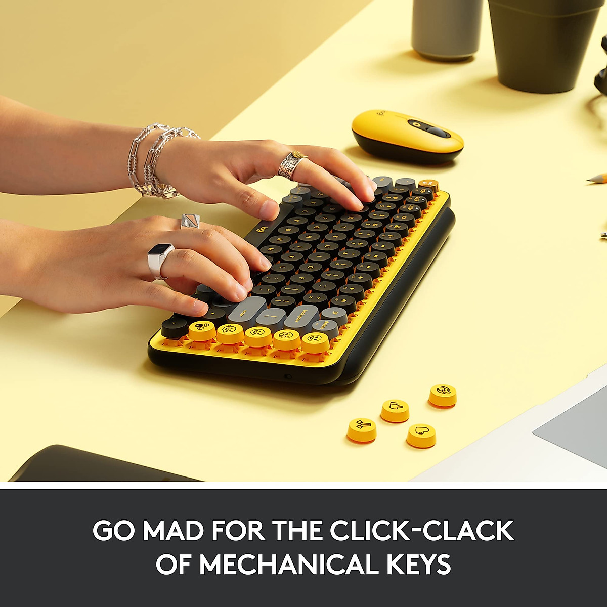 Logitech POP Keys Mechanical Wireless Keyboard with Customizable Emoji Keys, Durable Compact Design, Bluetooth or USB Connectivity, Multi-Device, OS Compatible - Blast Yellow (Renewed)