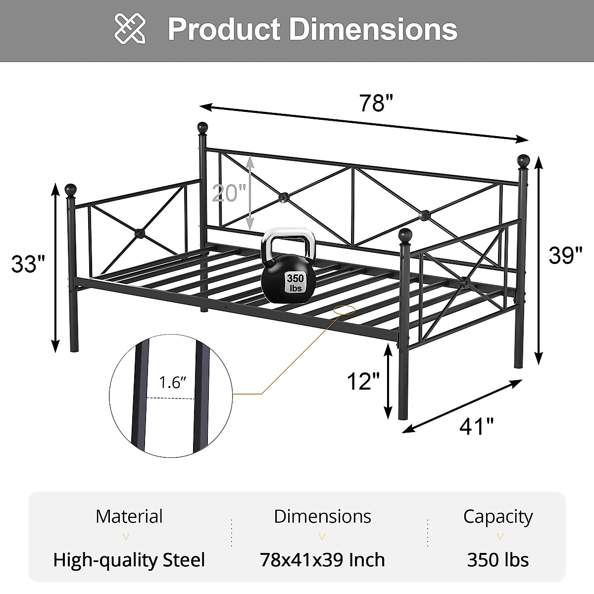 VECELO Twin Daybed with Headboard, Heavy-Duty Metal Slats Support, Sofa Bed Platform Mattress Foundation for Living Room, Guest Room, Easy Assembly, Black
