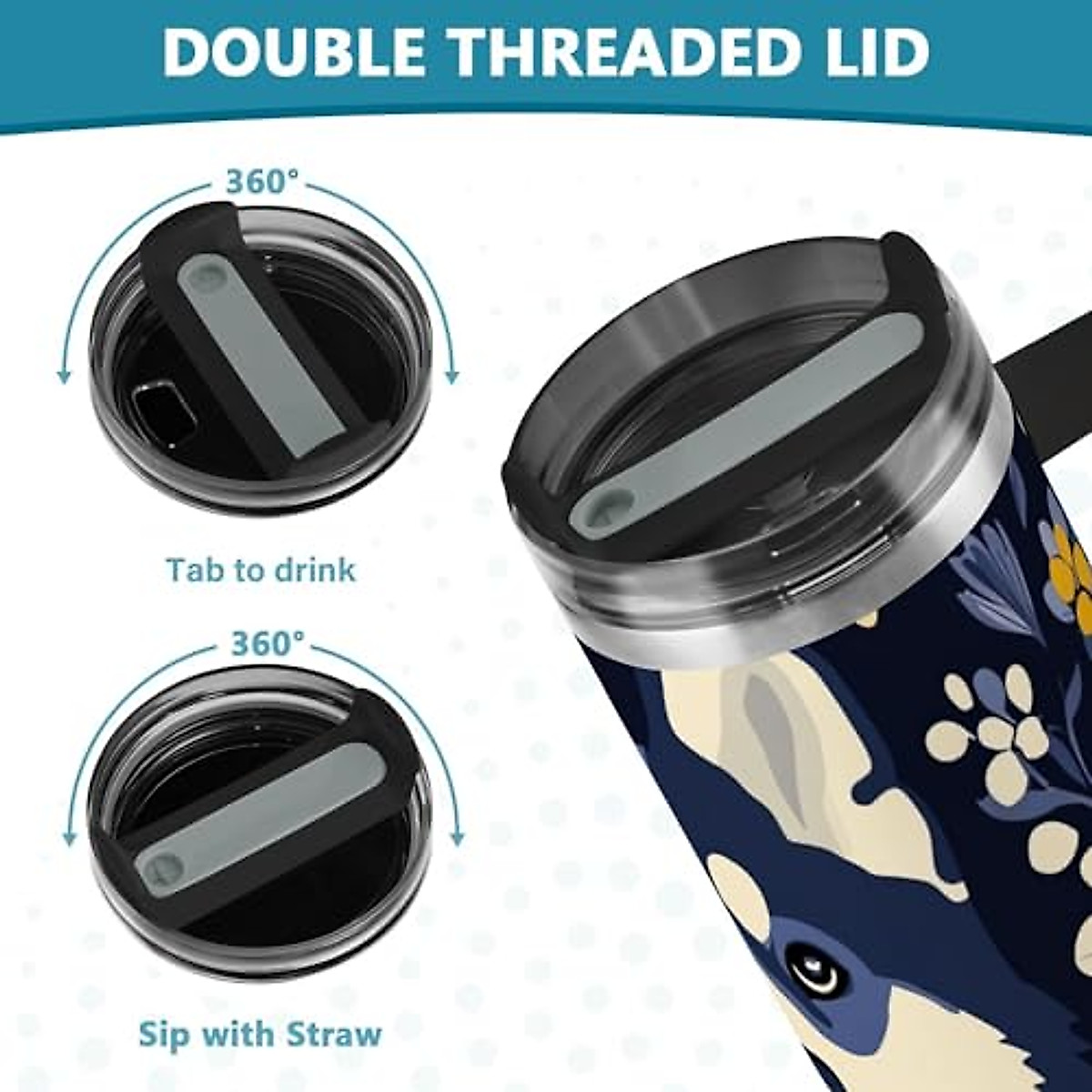 Selerdon 40 oz Tumbler Akita Bauhaus Design with Handle and Straw Lid Vacuum Stainless Steel Insulated Water Bottle Travel Mug Car Cup Holder Friendly BPA Free for Gym Travel Office