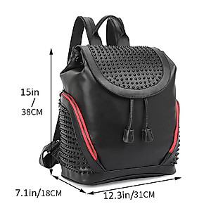 Downupdown® Fashion Backpack Purse Genuine Leather Backpack Rivet Knapsack Drawstring Bucket Bag Casual Backpacks-Black