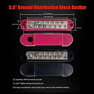 12 Terminals Bus Bar, Ampper 5.3" Nickle Plated Brass Power/Ground Distribution Block Battery BusBar Junction for Car Vehicle Rv Truck Marine Boat Audio Amplifier and More (1 Pair, Red & Black)