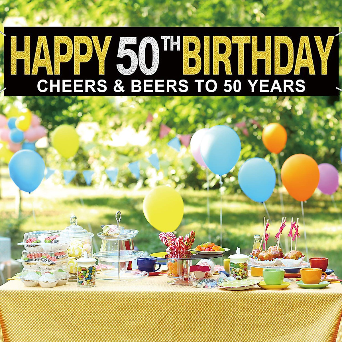 Large Happy 50th Birthday Banner, Cheers to 50 Years & 50 Fabulous, Birthday Hanging Banner, Birthday Party Supplies, Celebration Flag, Birthday Party Sign Decorations, Home Indoor Outdoor Party Decoration (9.8 x 1.6 ft)