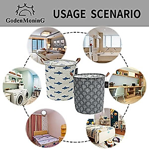 Collapsible Laundry Basket - GodenMoninG 2X 62.8L Large Sized Round Waterproof Storage Bin with Leather Handles,Home Decor,Toy Organizer,Children Nursery Hamper.(Grey Striped Shark & Grey Tree, 1+1)