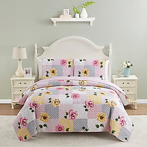 Sweet Home Collection Quilt King Size Embroidered Oversized Soft and Luxurious Patch Quilt Set with Shams, King, Floral Patchwork