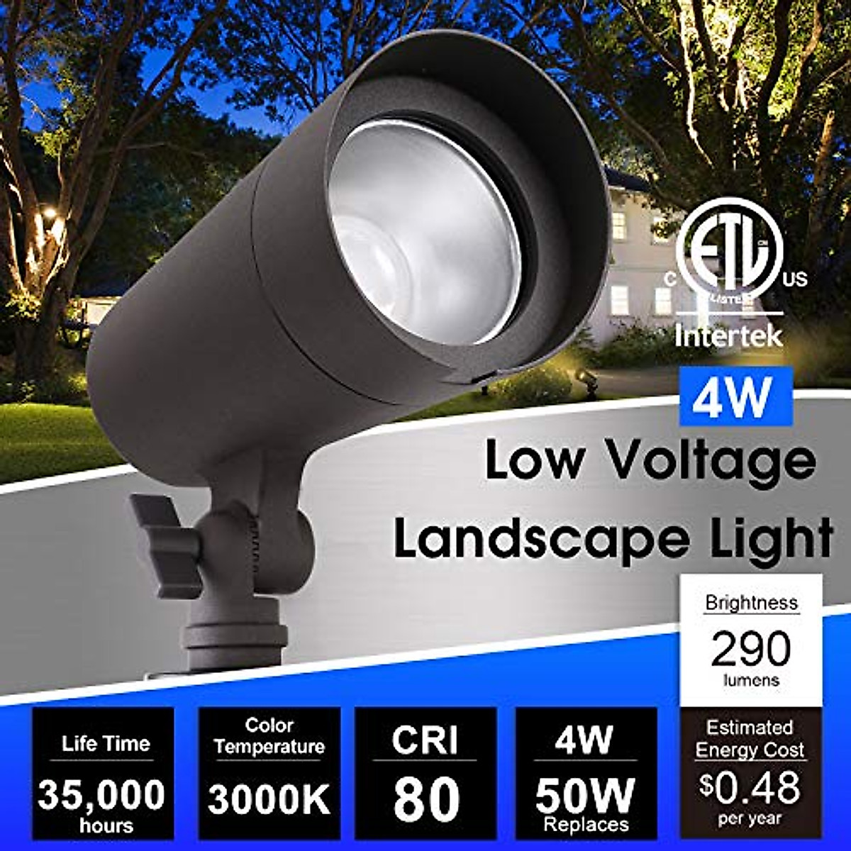 LED Landscape Lights with Connectors,12V Low Voltage, Warm White 3000K, 4W, 290LM, Outdoor Waterproof Garden Pathway Lights Wall Tree Flag Spotlights with Spike Stand, 4 Pack
