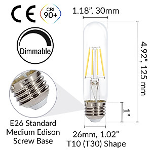 Simba Lighting LED T10 Tubular Edison Filament Light Bulbs (3 Pack) 6W Dimmable 60W Equivalent 120V for Cabinet Display, Piano Lamps, Clear Glass Decorative, Standard E26 Base, Natural White 4000K