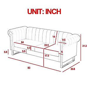 83" Modern Chesterfield Sofa, Melpomene Velvet Sofa Couch with Flared Arms and Removable Cushions for Living Room Bedroom（Beige）