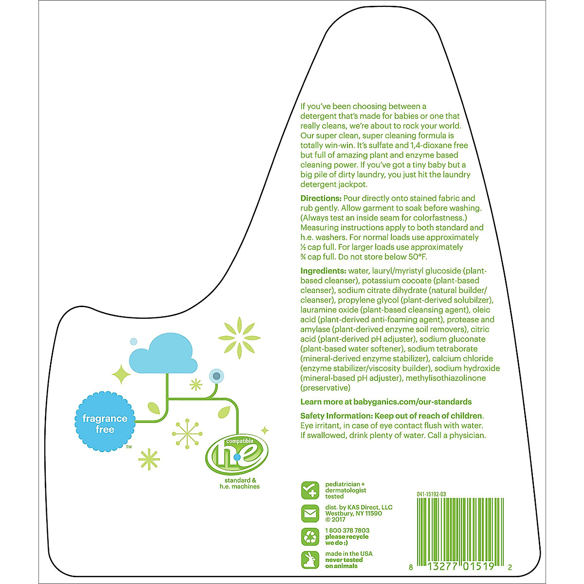 Babyganics 3X Baby Laundry Detergent, HE compatible, Stain-Fighting, Fragrance Free, 60 Fl Oz